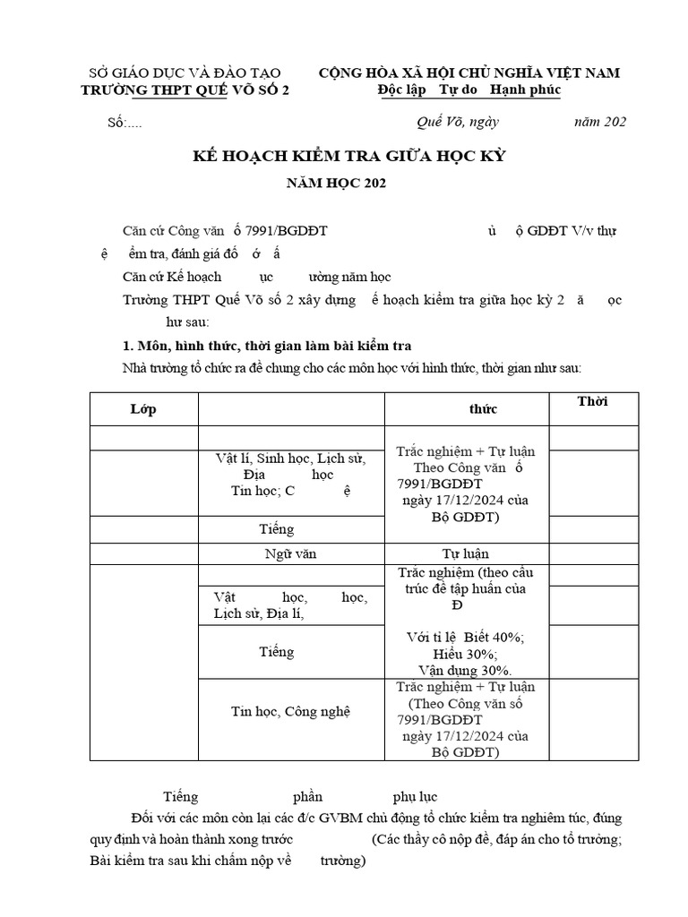 KH kiểm tra giữa HK2 năm học 2024-2025 | PDF