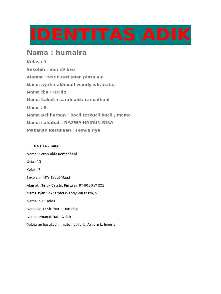 IDENTITAS ADIK | PDF