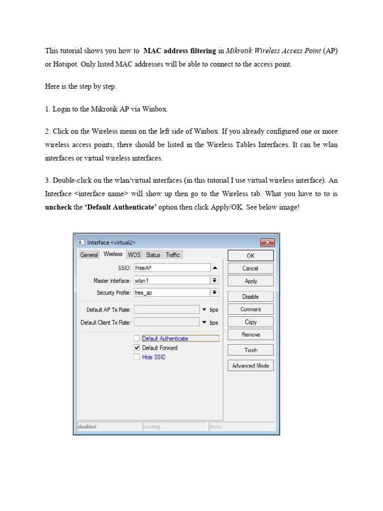 MAC Address Filtering in Mikrotik Wireless Access Point | PDF