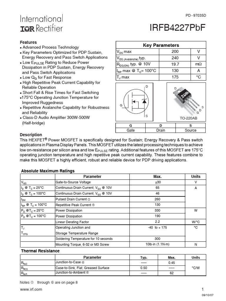 Infineon IRFB4227 DataSheet v01 01 EN-3362990 | PDF | Mosfet | Field Effect Transistor