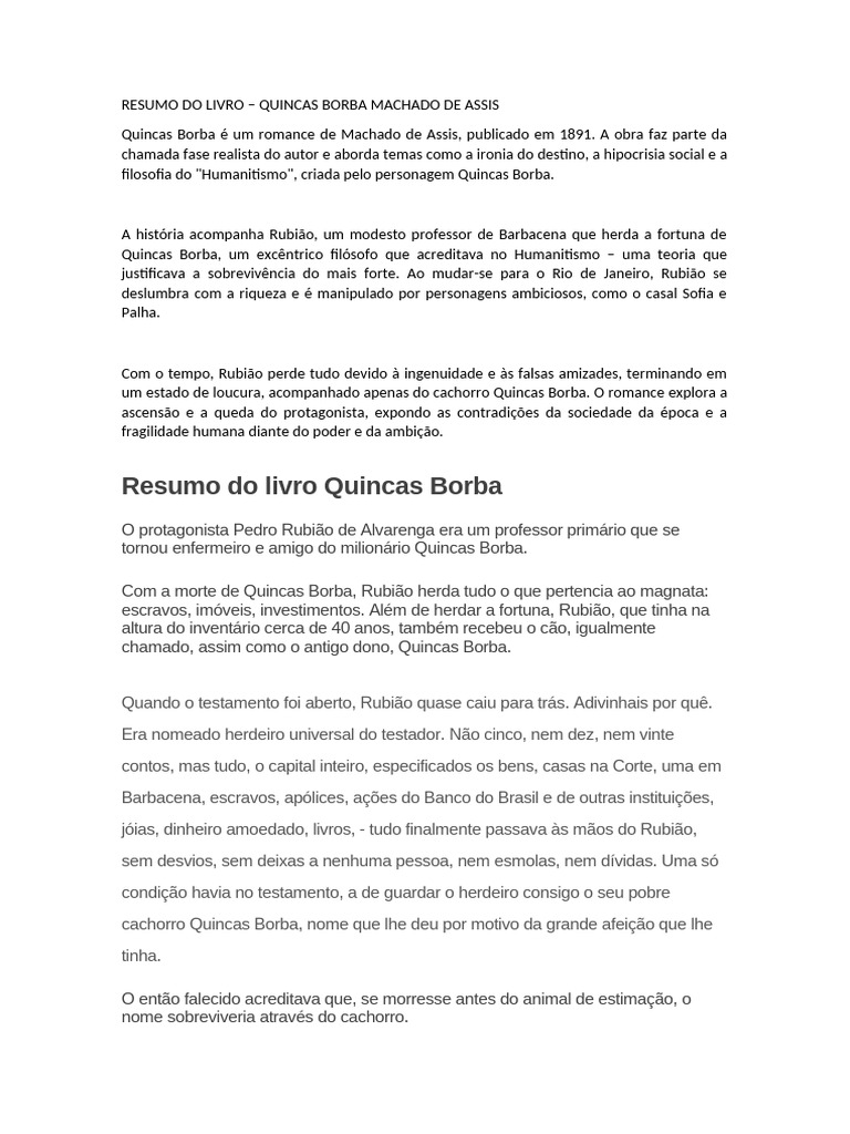 RESUMO DO LIVRO QUINCAS BORBA | PDF