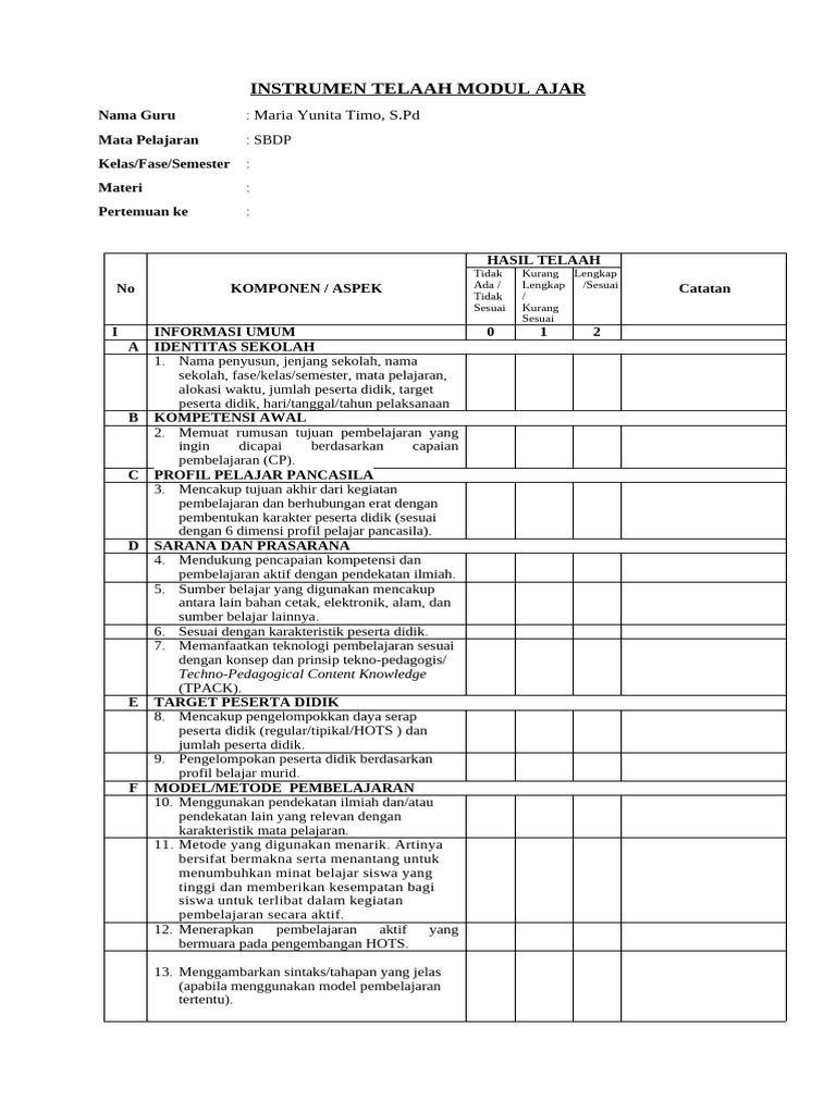 Instrumen Modul Ajar SBDP 1-2 | PDF