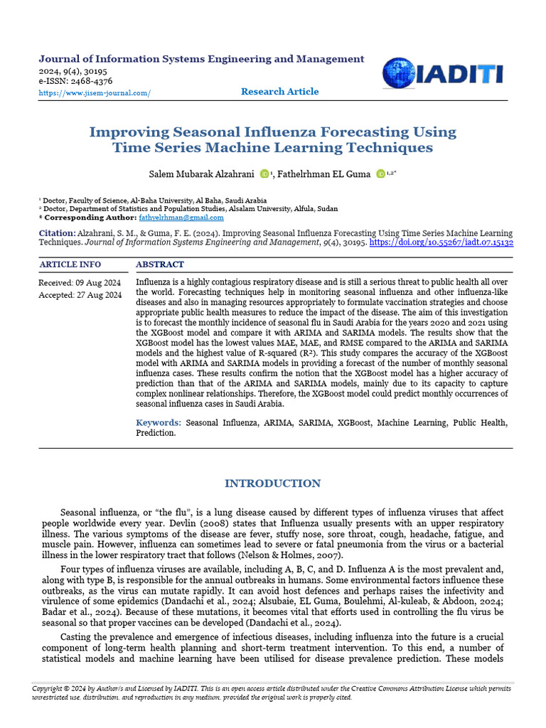 Improving Seasonal Influenza Forecasting Using Time Series Machine Learning Techniques 15132 ...