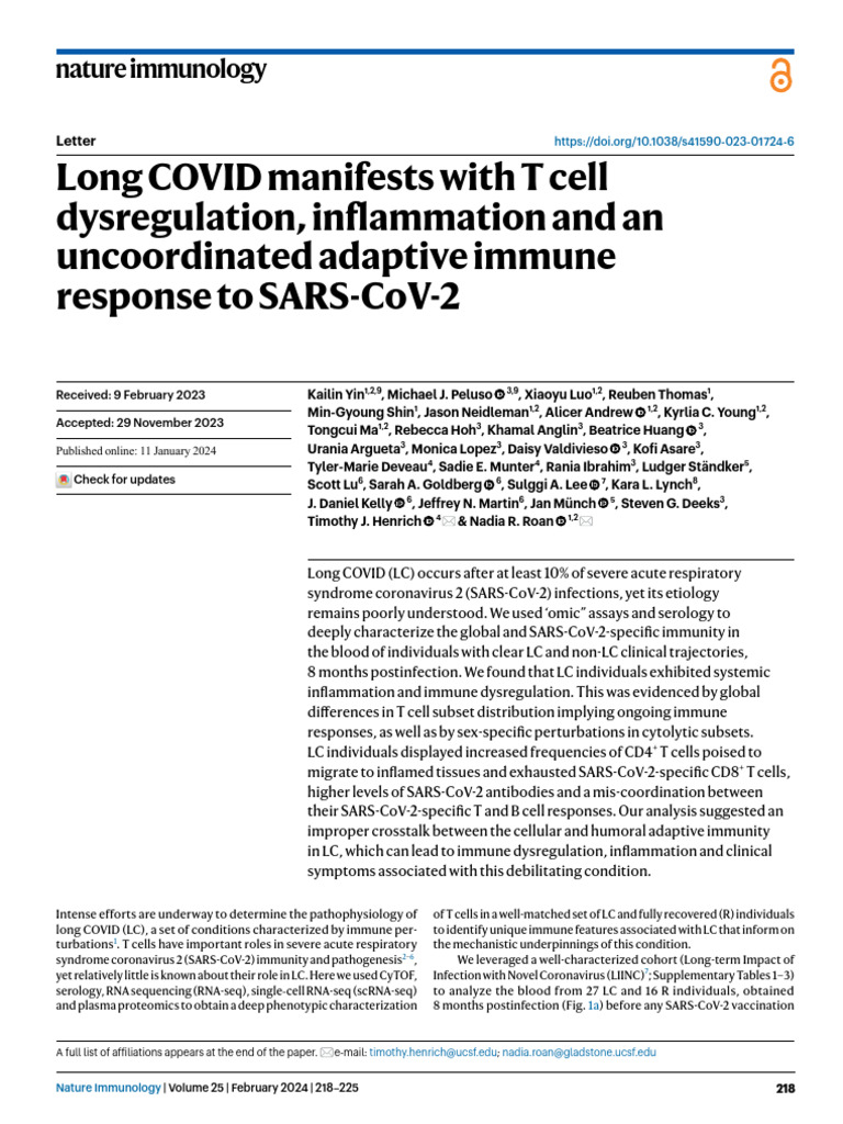 Yin 2024 Long COVID manifests with T cell dysregulation inflammation ...