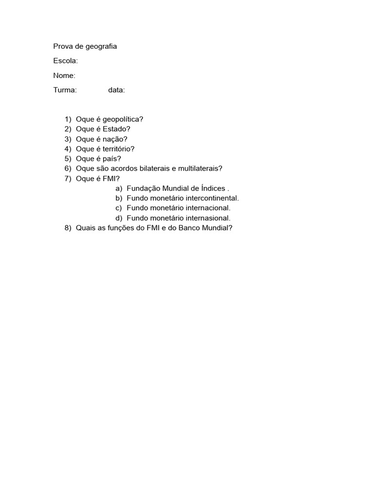 Prova 8°ano Tancredo | PDF