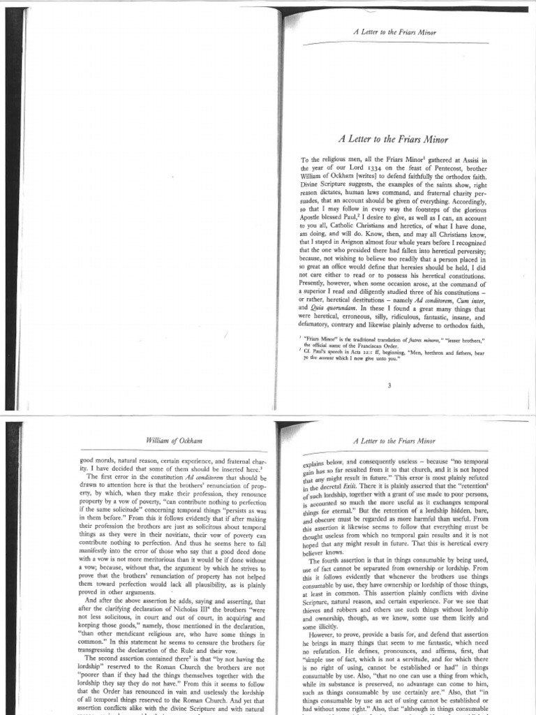 William of Ockham, A Letter To The Friars Minor (1334) | PDF
