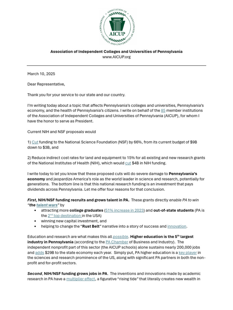AICUP Letter To Congress Regarding Proposed Cuts To NIH NSF March 2025 | PDF | National Science ...