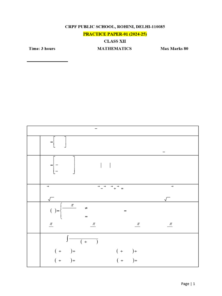 Xii Maths Practice Paper-01 2024-25 (CRPF Public School, Rohini) | PDF | Area | Euclidean Vector