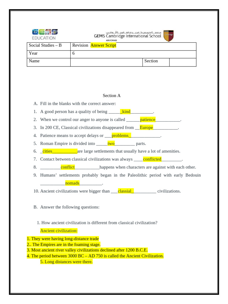 Year 6 Answer Script Revision | PDF | Civilization | Maya Civilization