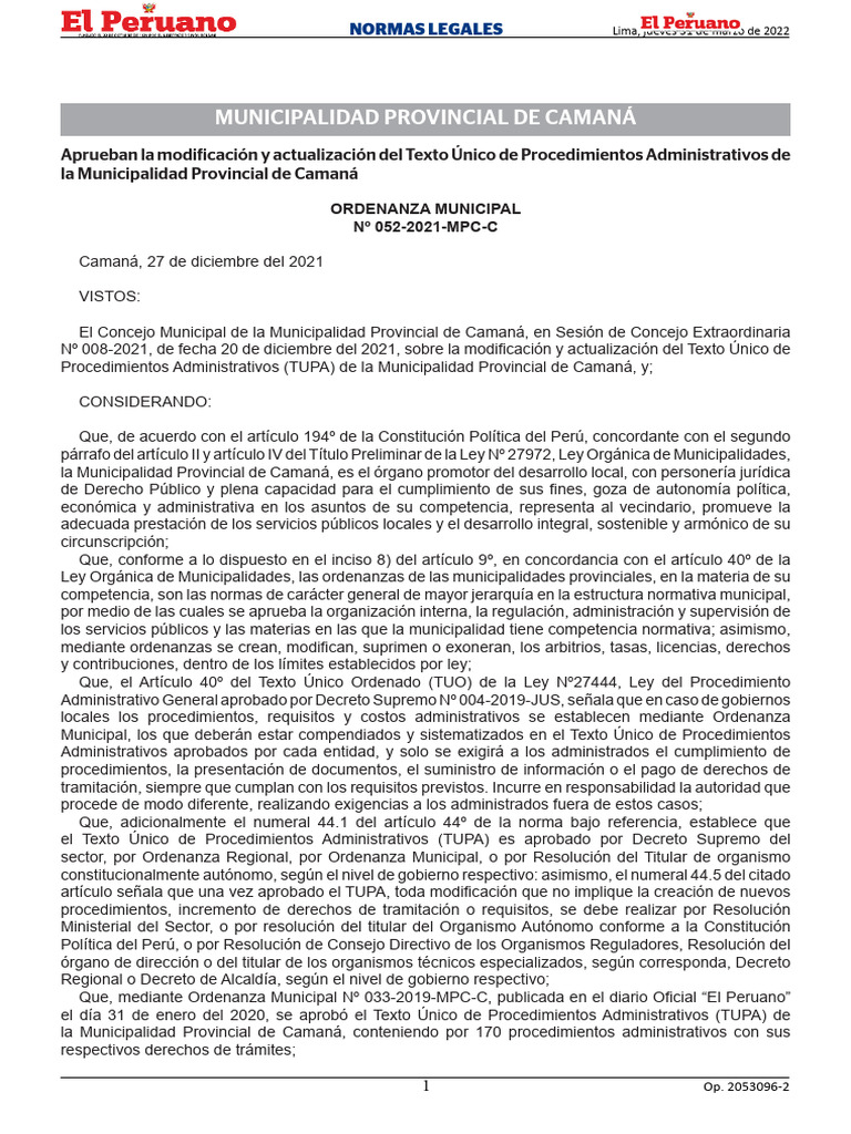 TUPA MPC 2020 ACTUALIZADO CON O.M. 052-2021-MPC | PDF | Gobierno local ...