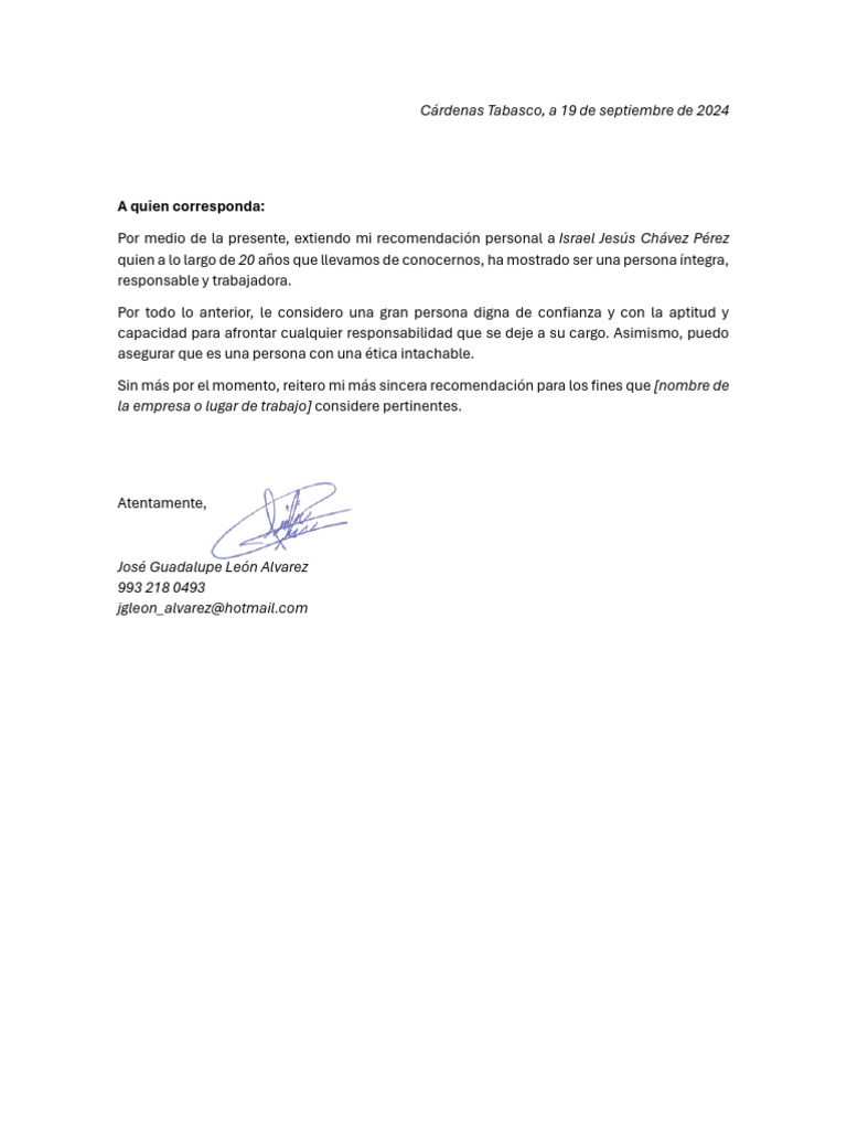 Carta de Recomendación Chaper | PDF