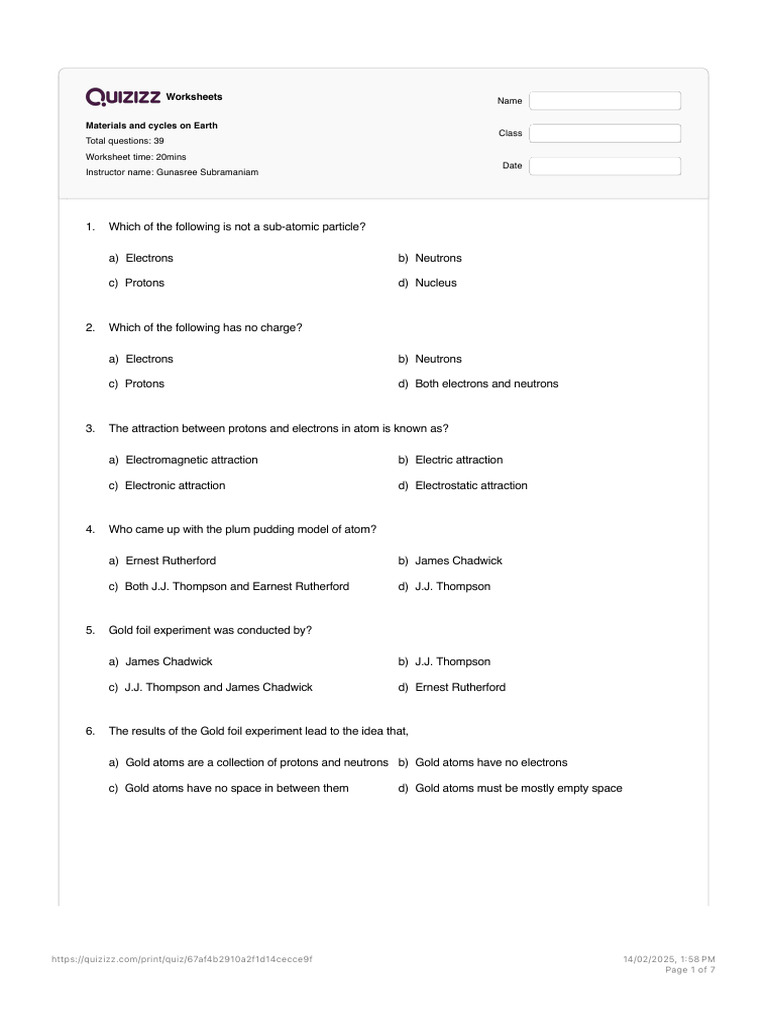 Worsheet Quiz Ans | PDF | Atoms | Proton