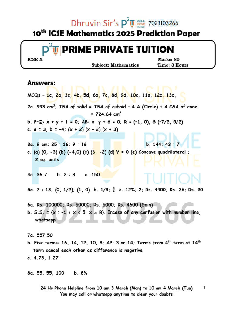 Answer Sheet - 10th ICSE 2025 Maths Paper Prediction (2) | PDF