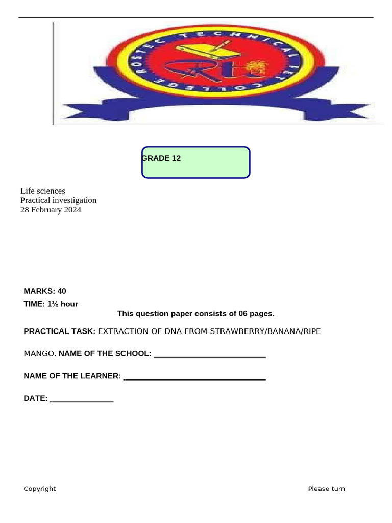 2024 02 20 LIM LFSC Practical Task 1 Grade 12 QP ENG Final | PDF