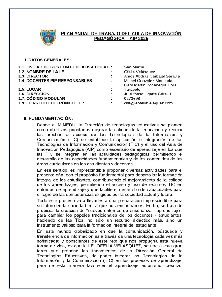 Plan Anual Del Aula de Innovación Pedagógica Año 2025 Oki | PDF | Enseñando | Salón de clases