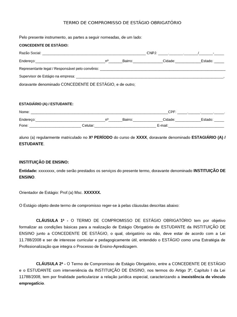 Termo de Compromisso Estagio Lei 11 788 25 09 08 | PDF | Estágio ...