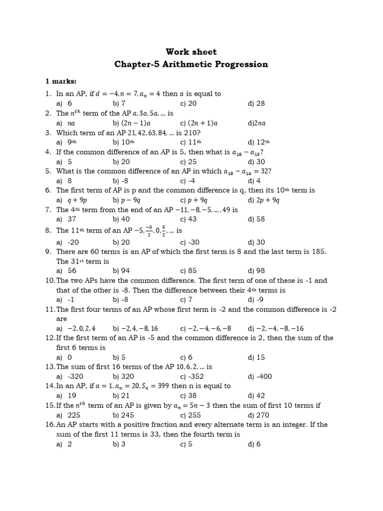 Chapter 5 Arithmetic Progression Worksheet | PDF | Discrete Mathematics | Elementary Mathematics