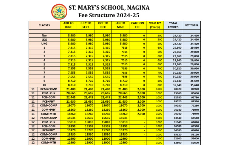 St. Mary's School Nagina Fee Structure 2024-25 | PDF
