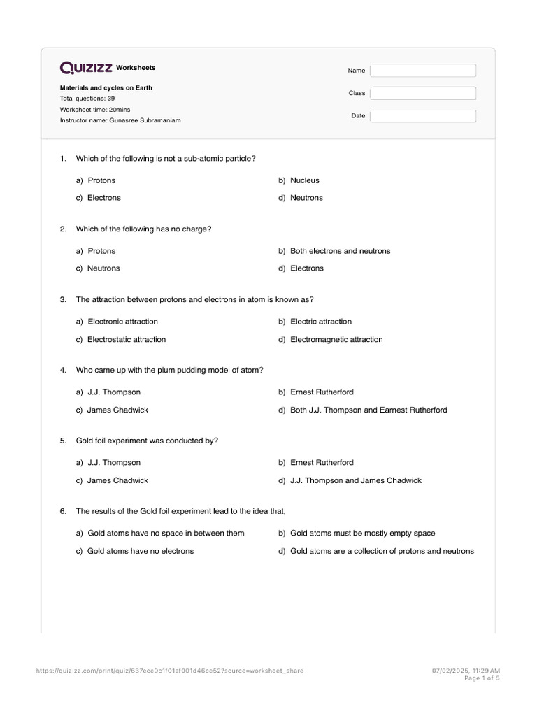 Materials and Cycles On Earth - Quizizz | PDF | Atoms | Proton