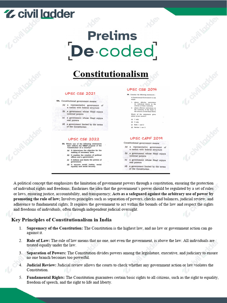 Prelims Decoded - Constitutionalism - Civil Ladder | PDF | Constitution | Rule Of Law