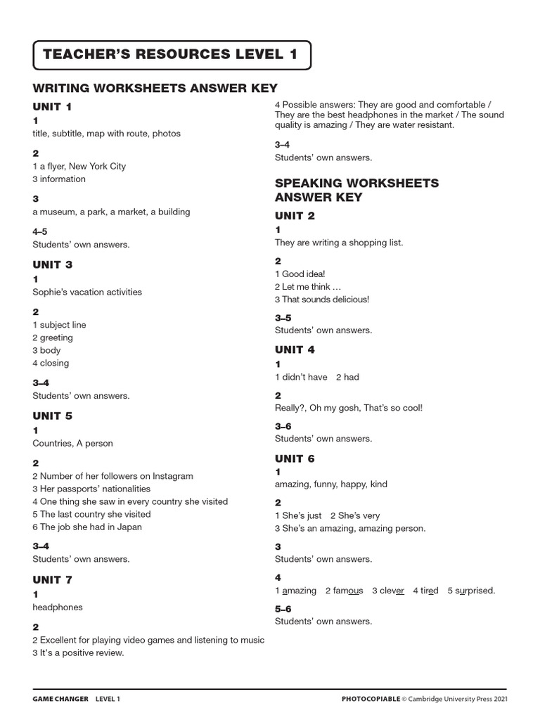 Game Changer Level 1 Answer Key | PDF | Rain | Water