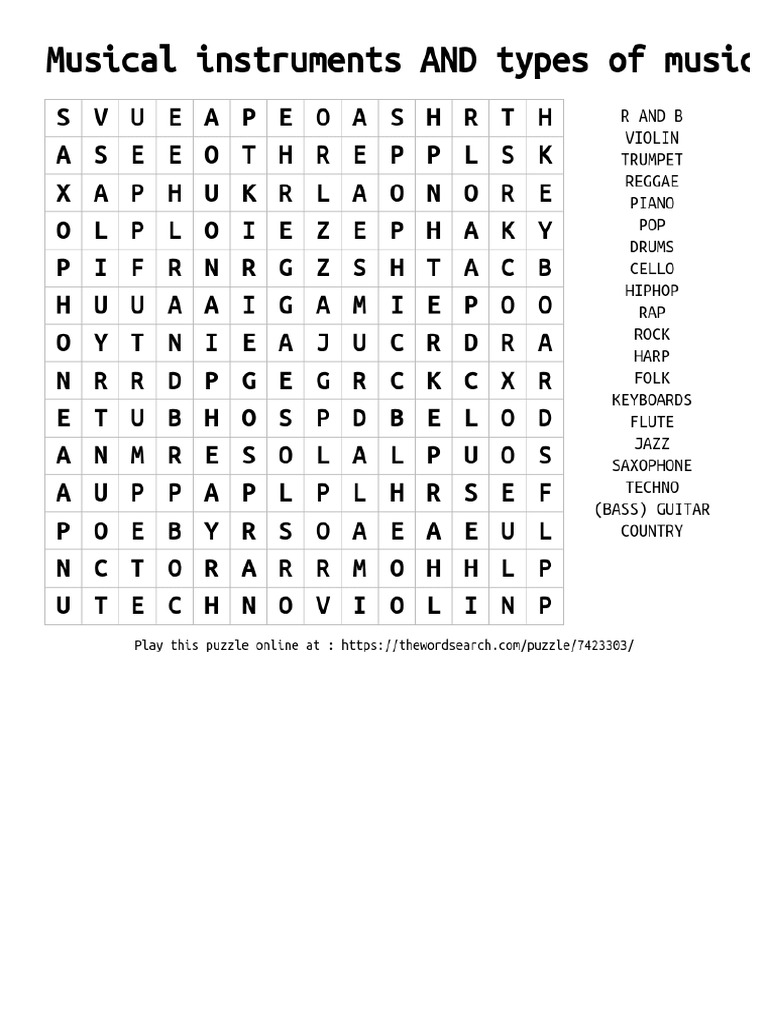 Types of Music Word Search Puzzle | PDF