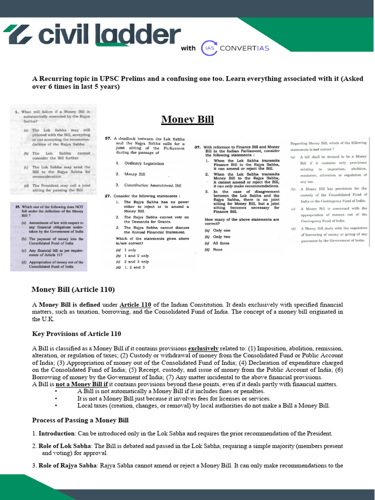 Prelims Decoded - Money Bill - Civil Ladder | PDF | Royal Assent ...