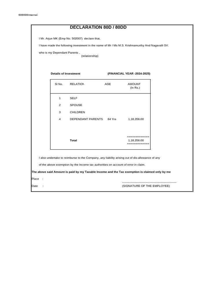 Declaration 80D / 80Dd: Details of Investment (FINANCIAL YEAR - 2024-2025) | PDF