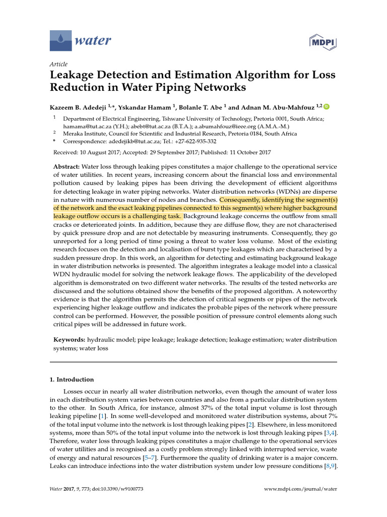 Leakage Detection And Estimation Algorithm For Loss Reduction In Water Piping Networks Pdf