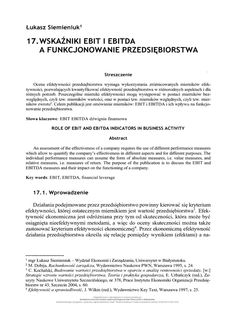L Siemieniuk Wskazniki EBIT I EBITDA | PDF