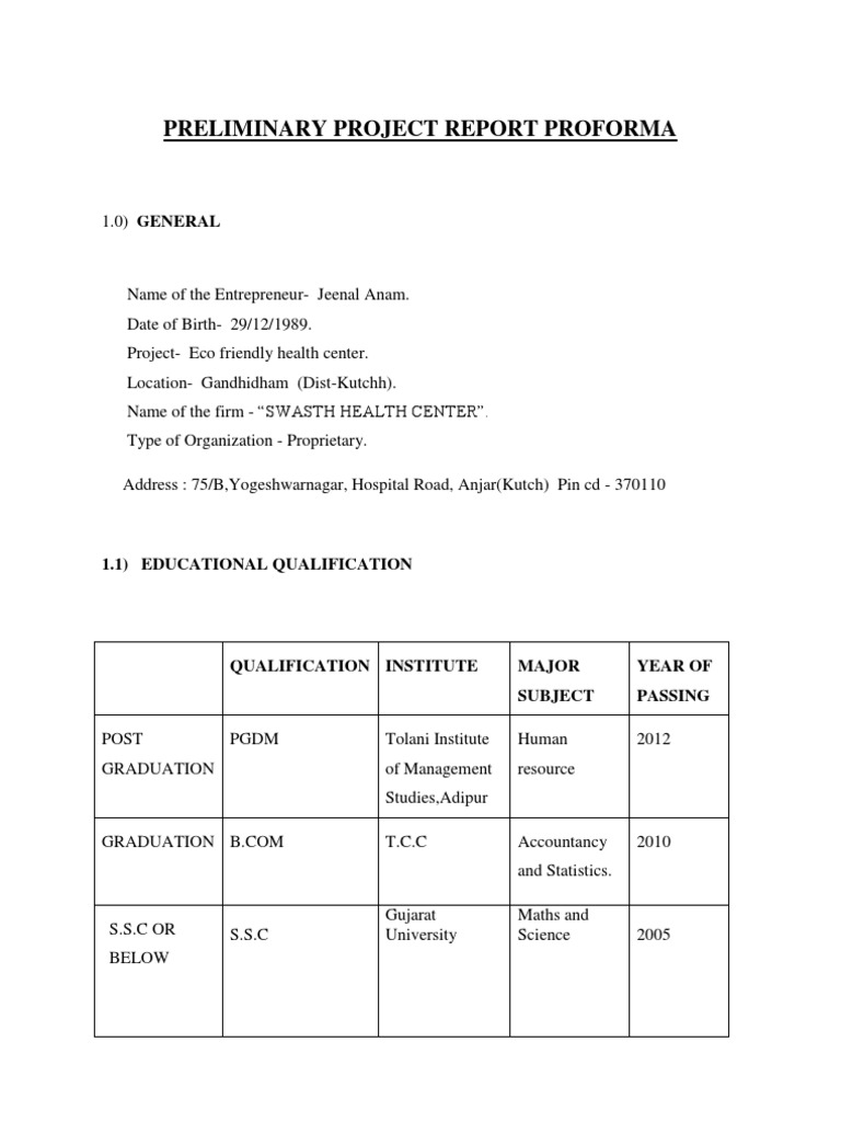 Preliminary Project Report Proforma: 1.1) Educational Qualification ...