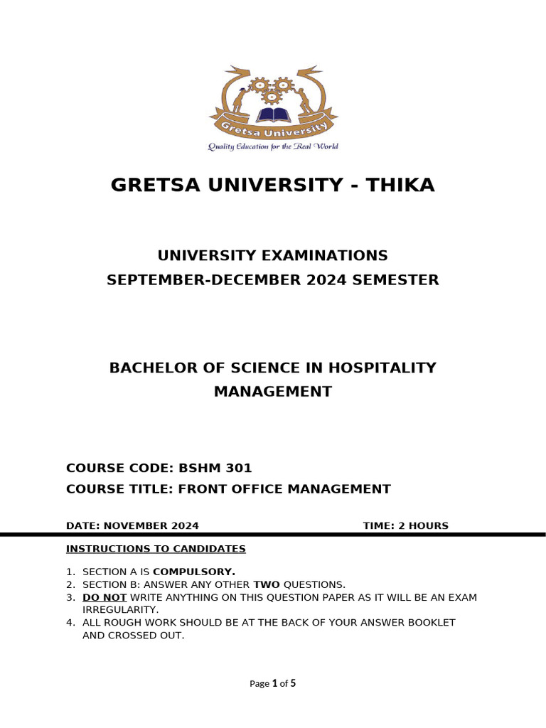 BSHM 301-Front Office Management em | PDF | Business