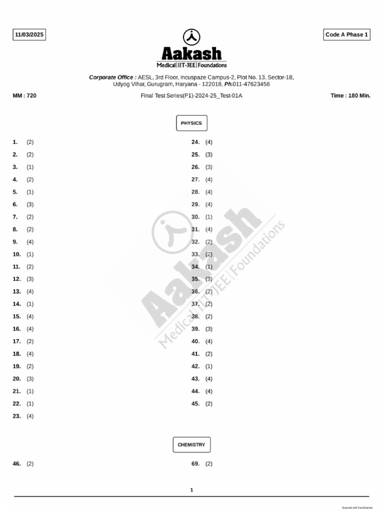 FTS 01 Code A Phase 1 Answer Key PDF - 250311 - 223428 | PDF