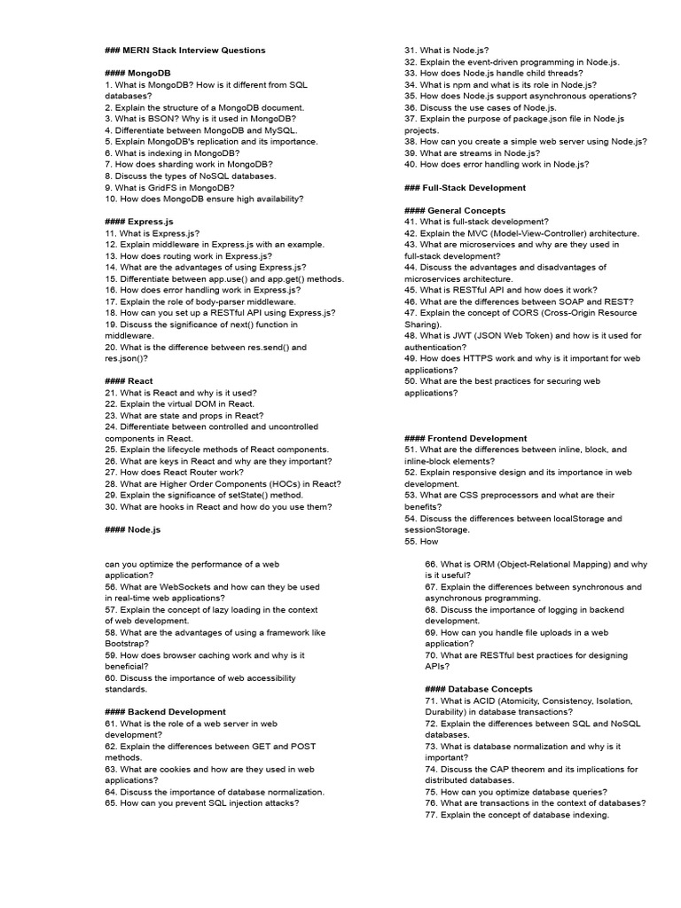 Top 200 Mern Interview Questions | PDF | Databases | No Sql