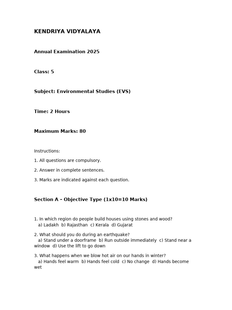 Class 5 EVS Annual Exam Paper 2025 | PDF