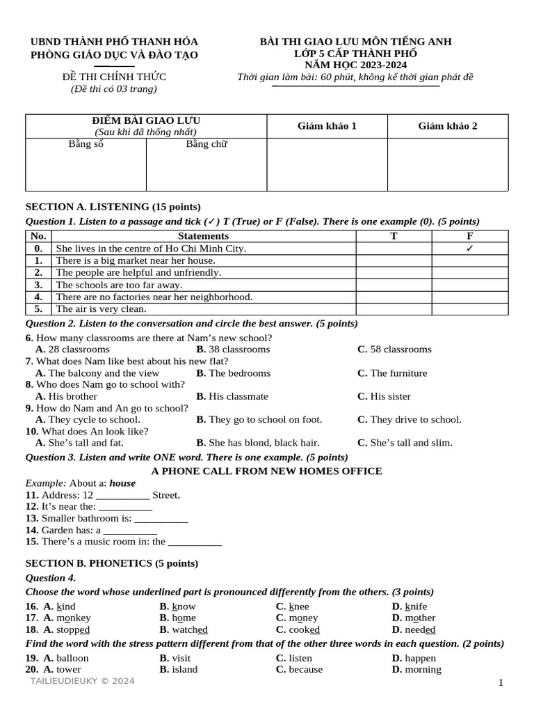 De Thi Giao Luu Hoc Sinh Gioi Tieng Anh Lop 5 Thanh Hoa Co Dap An 2023 2024 | PDF | Linguistics