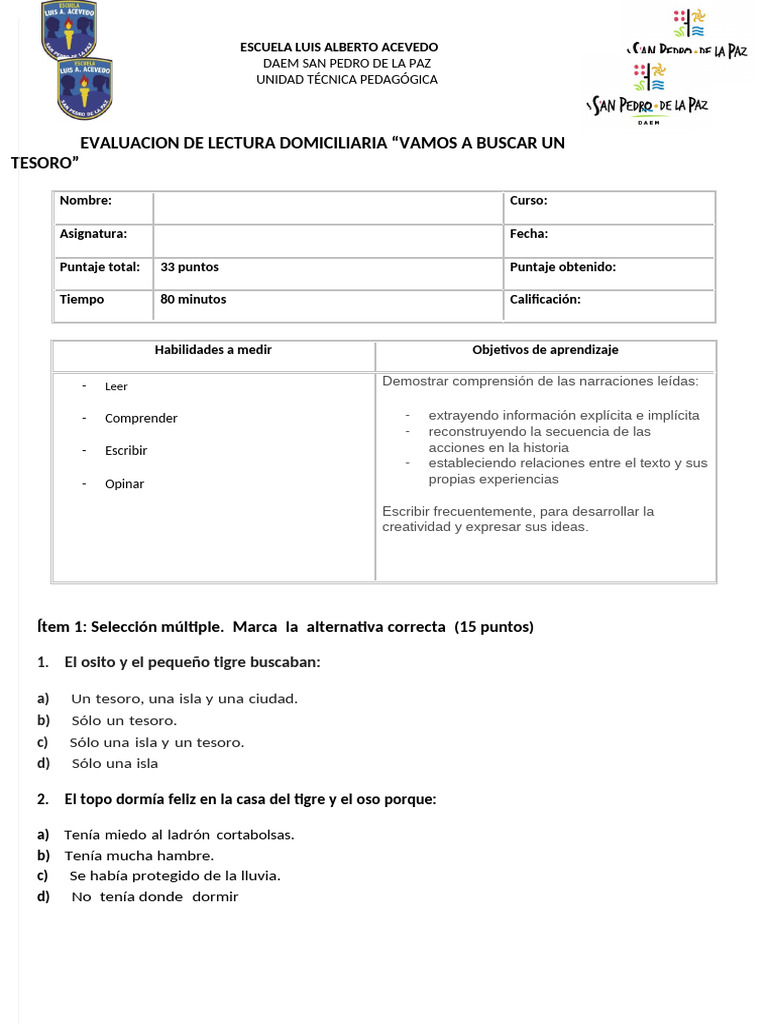 Evaluación de Lectura: "Vamos a Buscar un Tesoro" | PDF