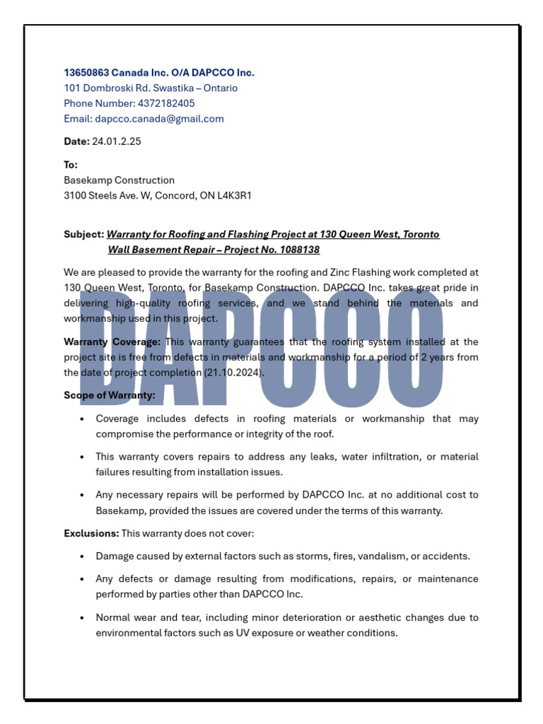 Warranty Letter | PDF