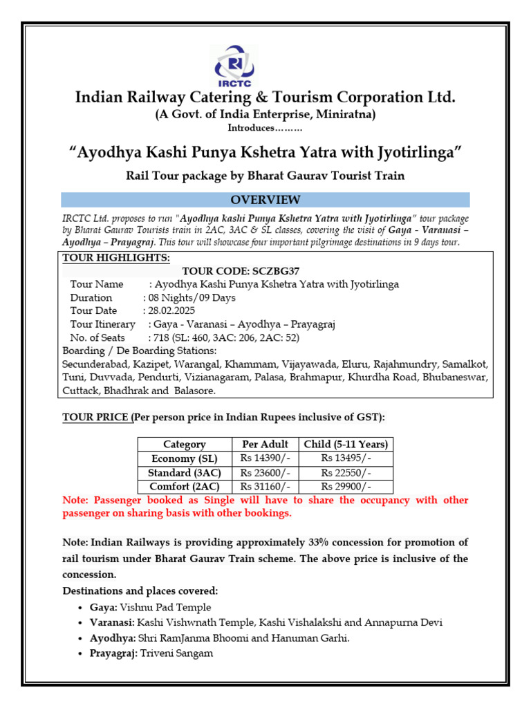 Ayodhya Kashi Punya Kshetra Yatra 2025 | PDF | Transport