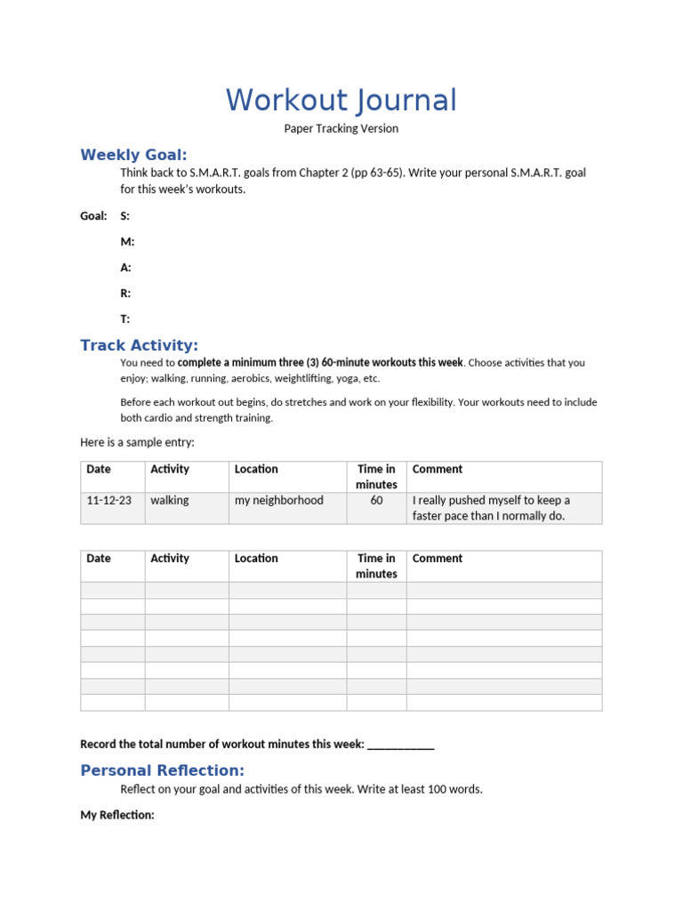Weekly Workout Journal Template | PDF