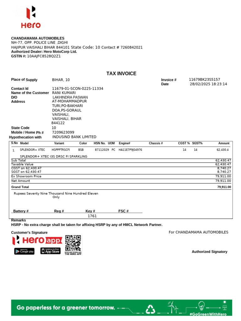 Hero MotoCorp Invoice - Chandamama Automobiles | PDF