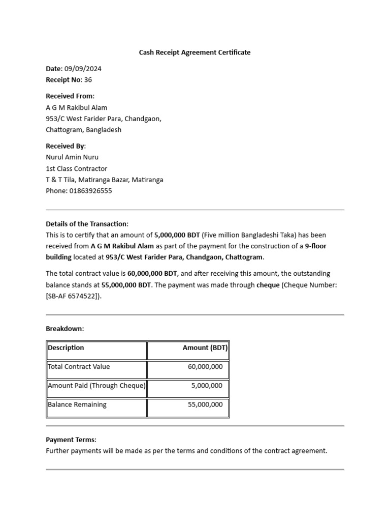 Cash Receipt Agreement Draft | PDF