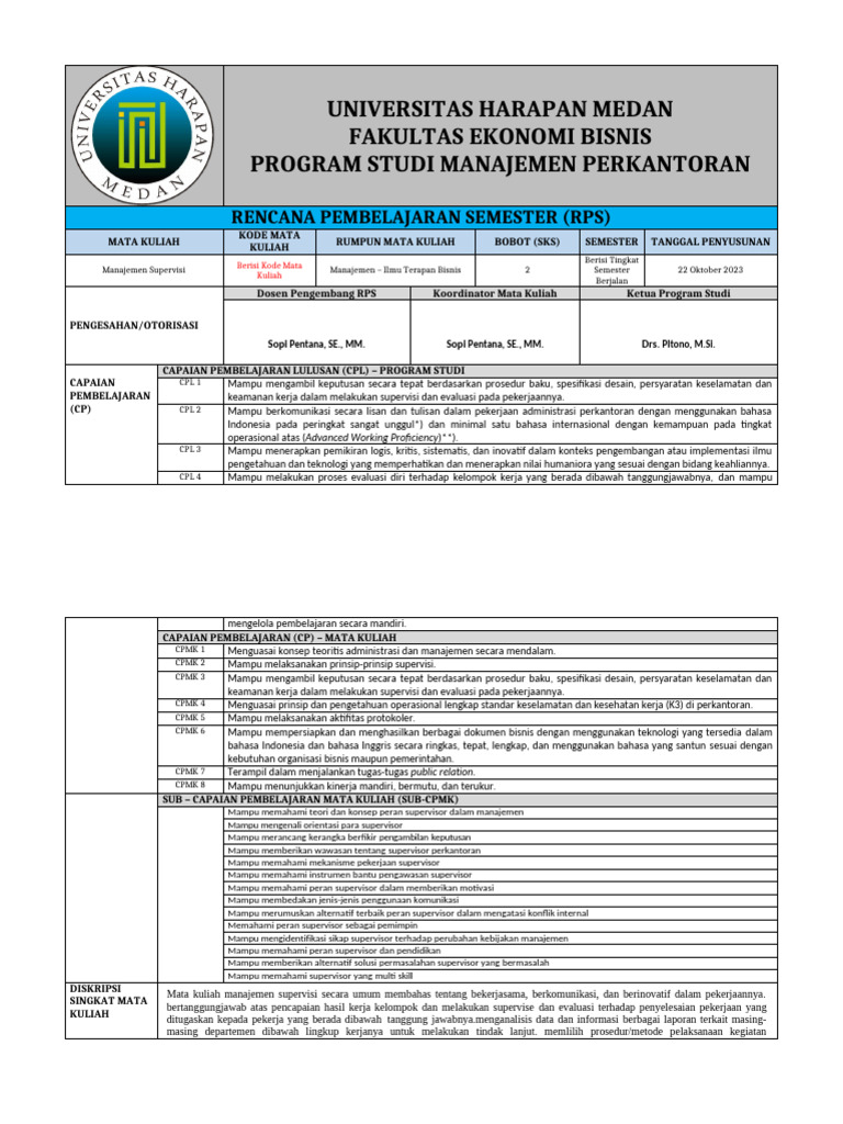 RPS OBE Manajemen Supervisi | PDF