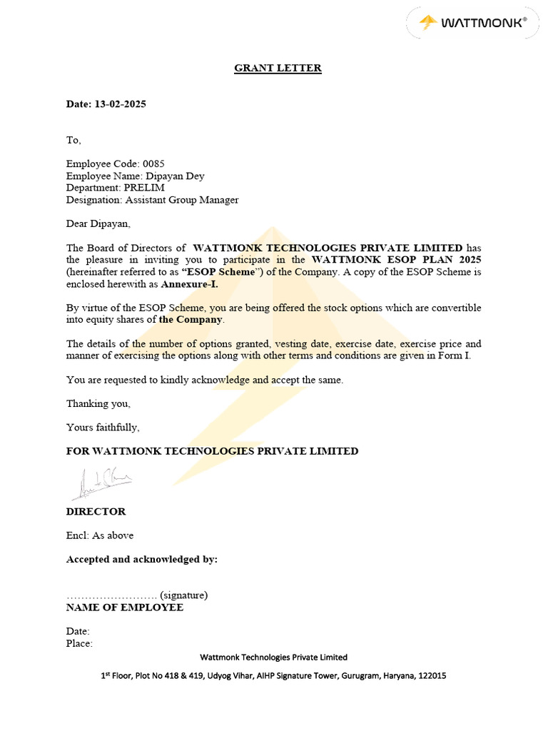 ESOP's Grant Letter 2025 - Dipayan Dey | PDF | Option (Finance) | Vesting