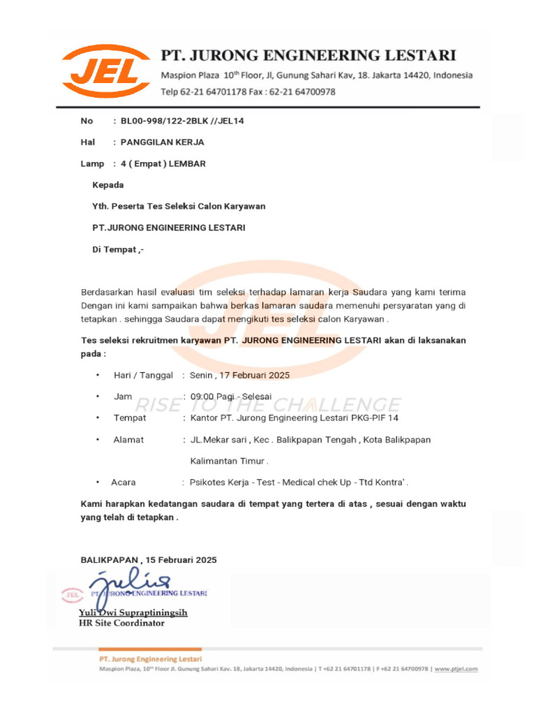 Panggilan Kerja PT - Jurong Engineering Lestari | PDF