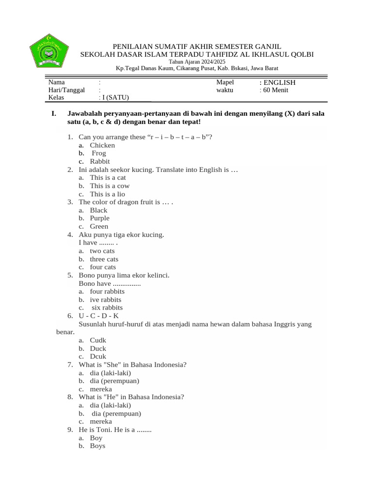 SOAL UTS ENGLISH KELAS 1 SMTR 2 | PDF