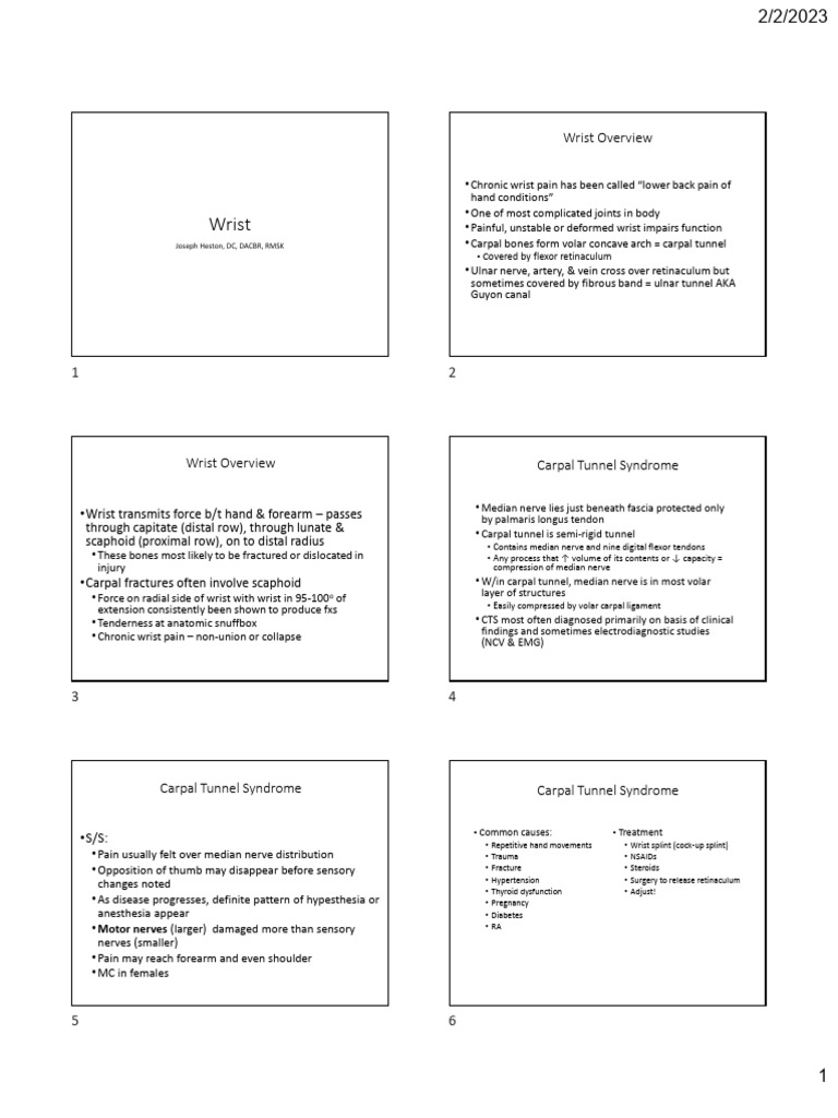 Wrist and Hand Orthos NMS 1 Six Slides Per Page 2023 | PDF | Hand | Carpal Tunnel Syndrome
