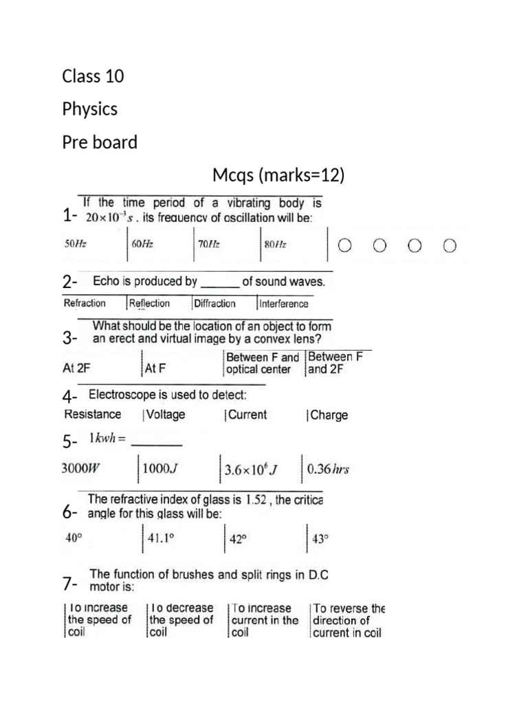 Class 10 Physics Pre-Board MCQs & Questions | PDF