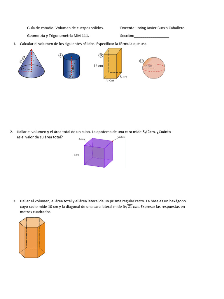 Guía de Ejercicios Volumen de Solidos | PDF