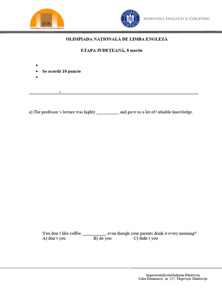 Subiect OLEN Clasa A VI-a | PDF | Human Communication | Linguistics